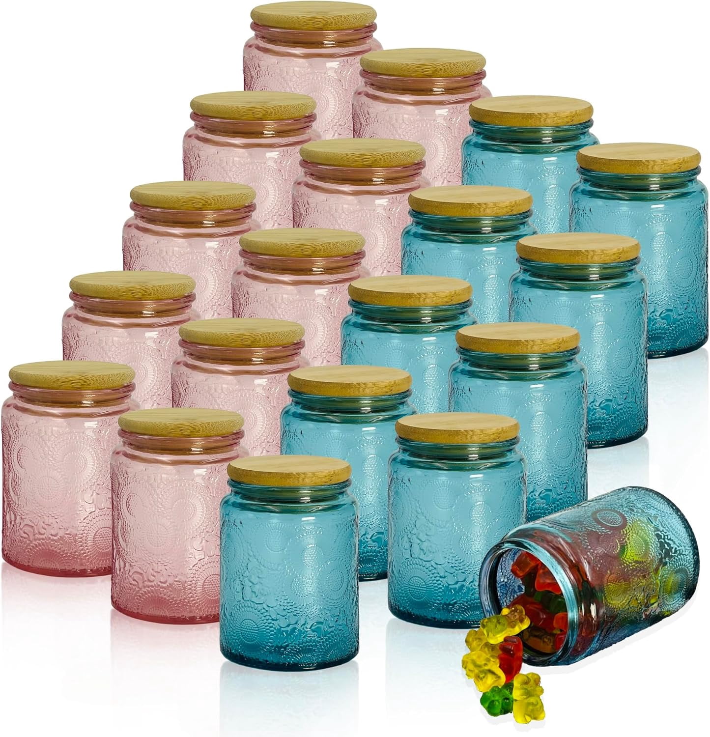 8 oz Decorative Glass Jars with Airtight Bamboo Lids, Blue and Pink 20 ...