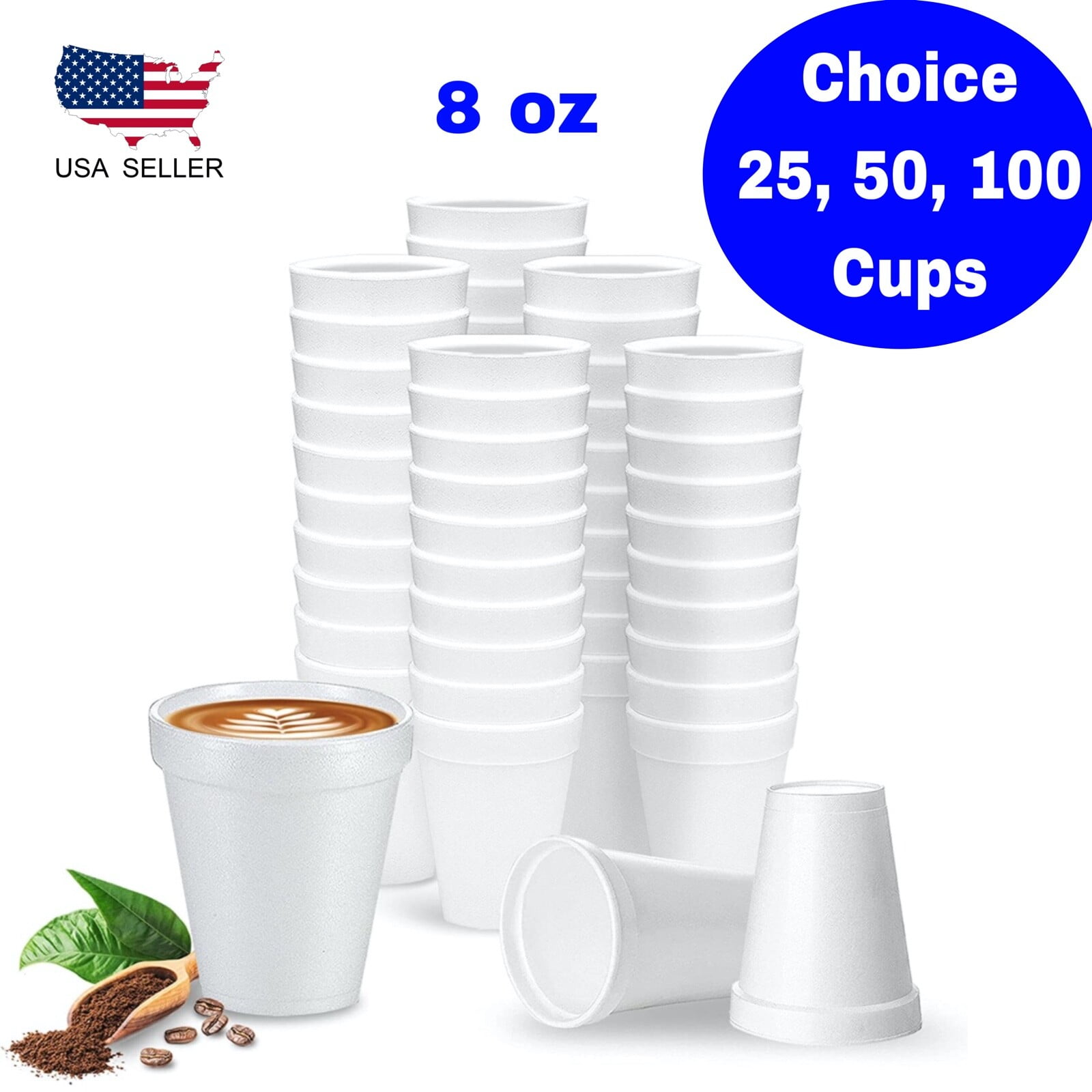 8 oz Disposable Foam Cups, White Styrofoam, Insulated for Hot and Cold ...