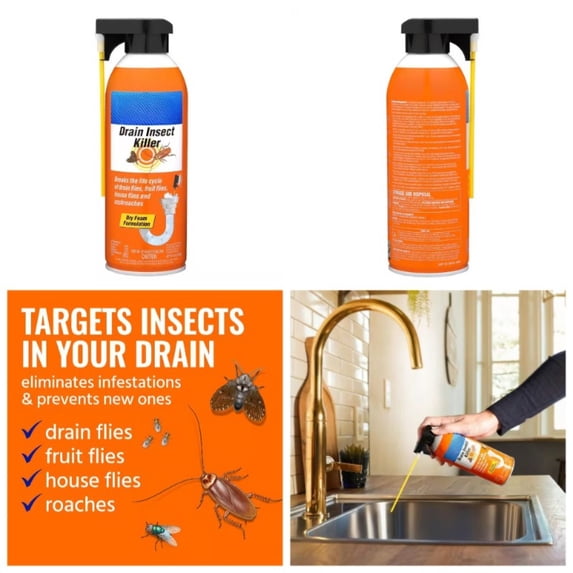 8 oz Drain Bug Killer Aerosol Spray, Dry Foam Formula, Eliminates ...