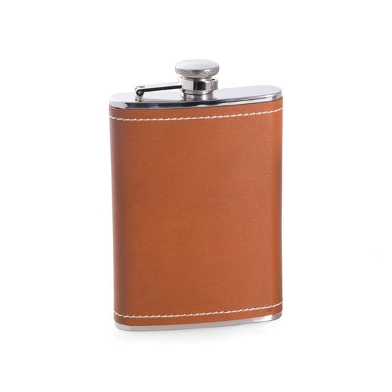 8 oz. Stainless Steel Saddle Brown Leather & White Stitch Flask with ...