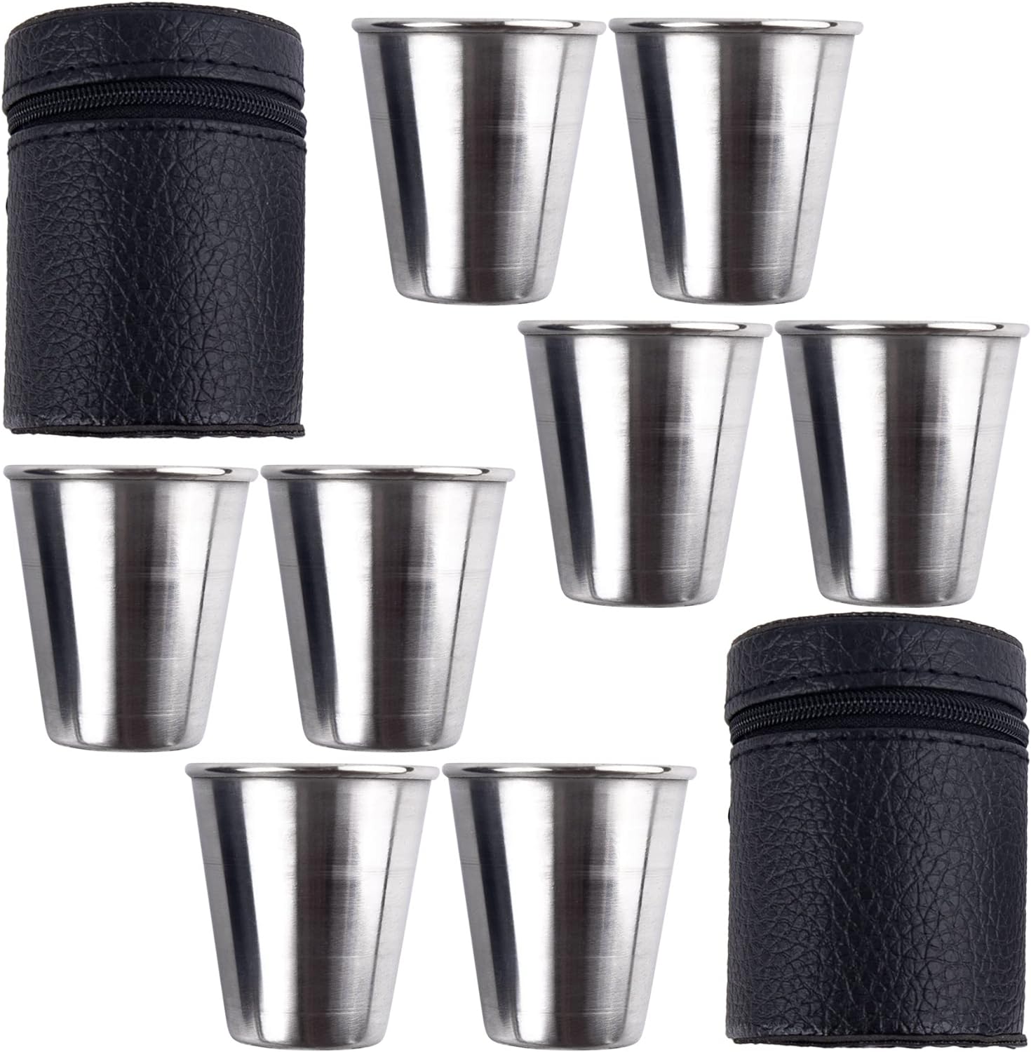 8 pack 2 ounce stainless steel shot cups with leather carry cases glass ...