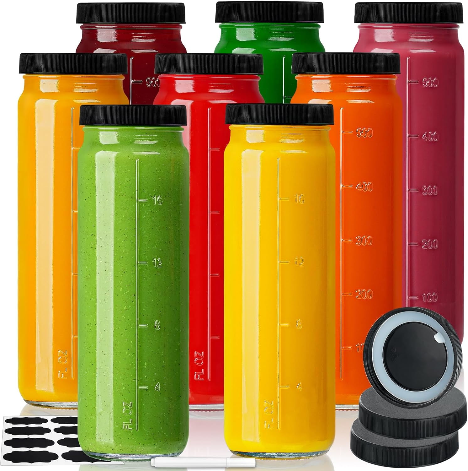 [8 Pack] 20 Oz Glass Juicing Bottles w Airtight Lids - Reusable ...