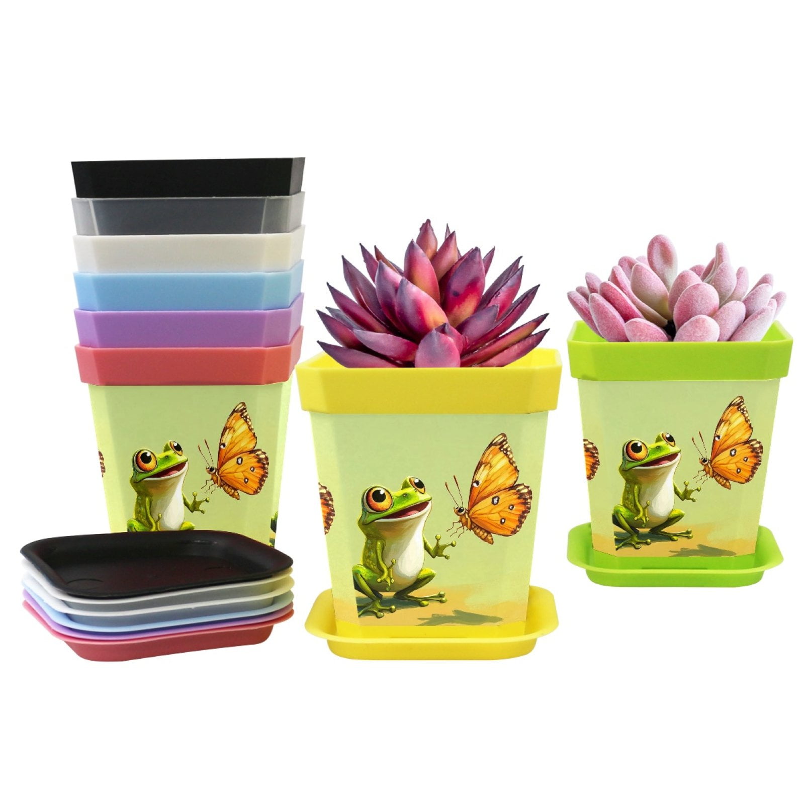 8-pack Cute Frog Printed Plant Pots with Drainage Holes and Base for ...