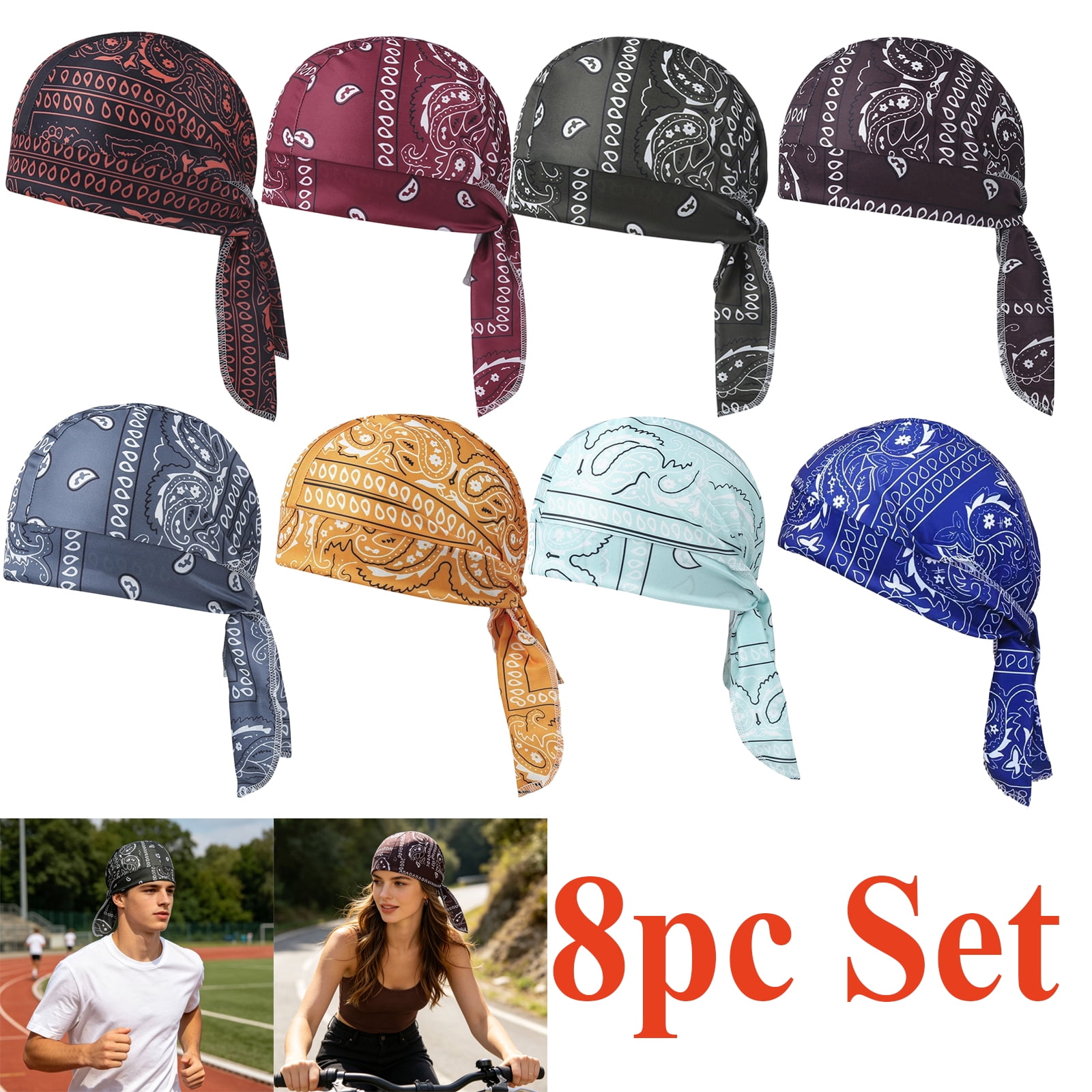 8 pack Elastic Cycling Sports Cap, Head Wrap, Ultra-Light Headscarf Cap ...