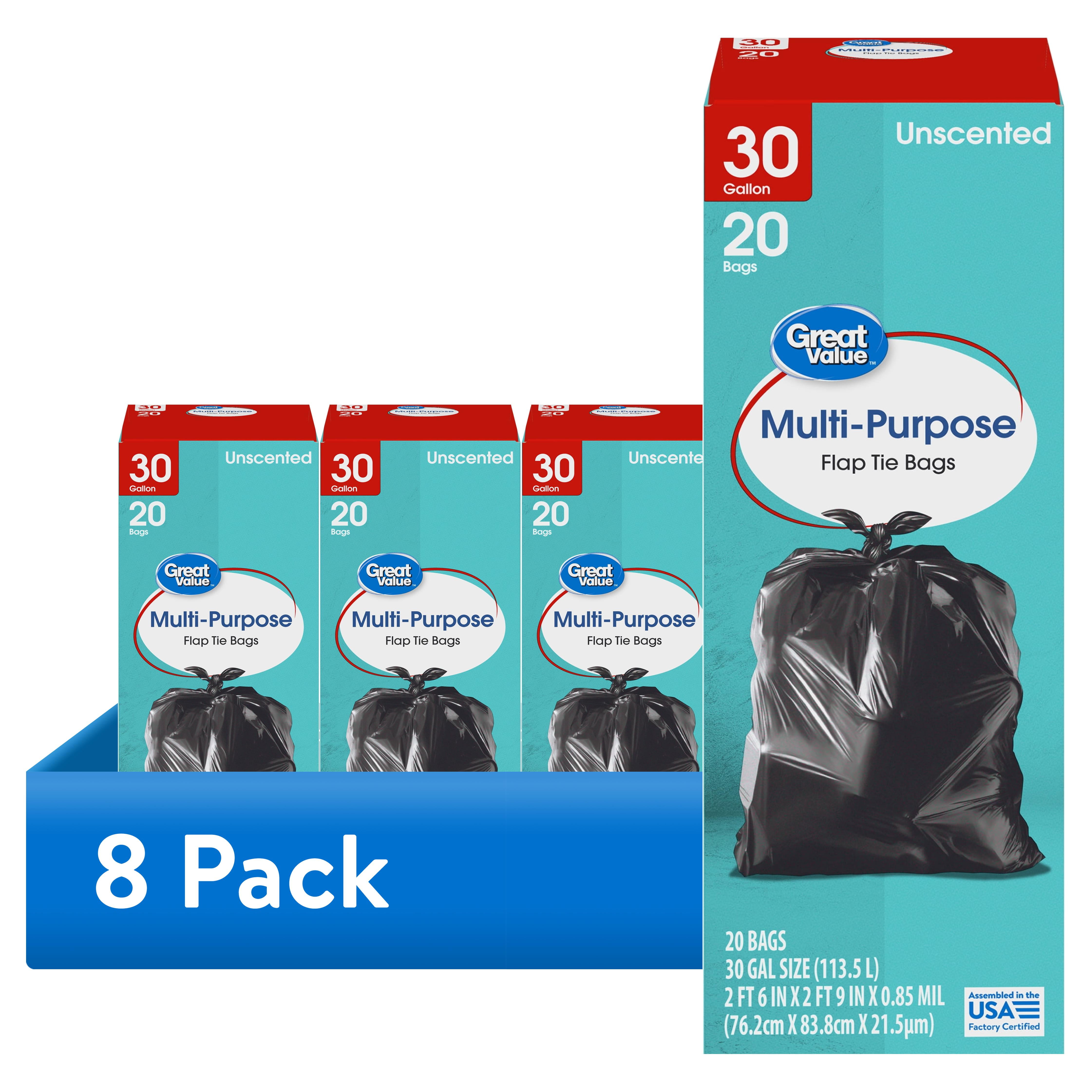 (8 pack) Great Value 30-Gallon Large Flap Tie Trash Bags, 20 Bags ...