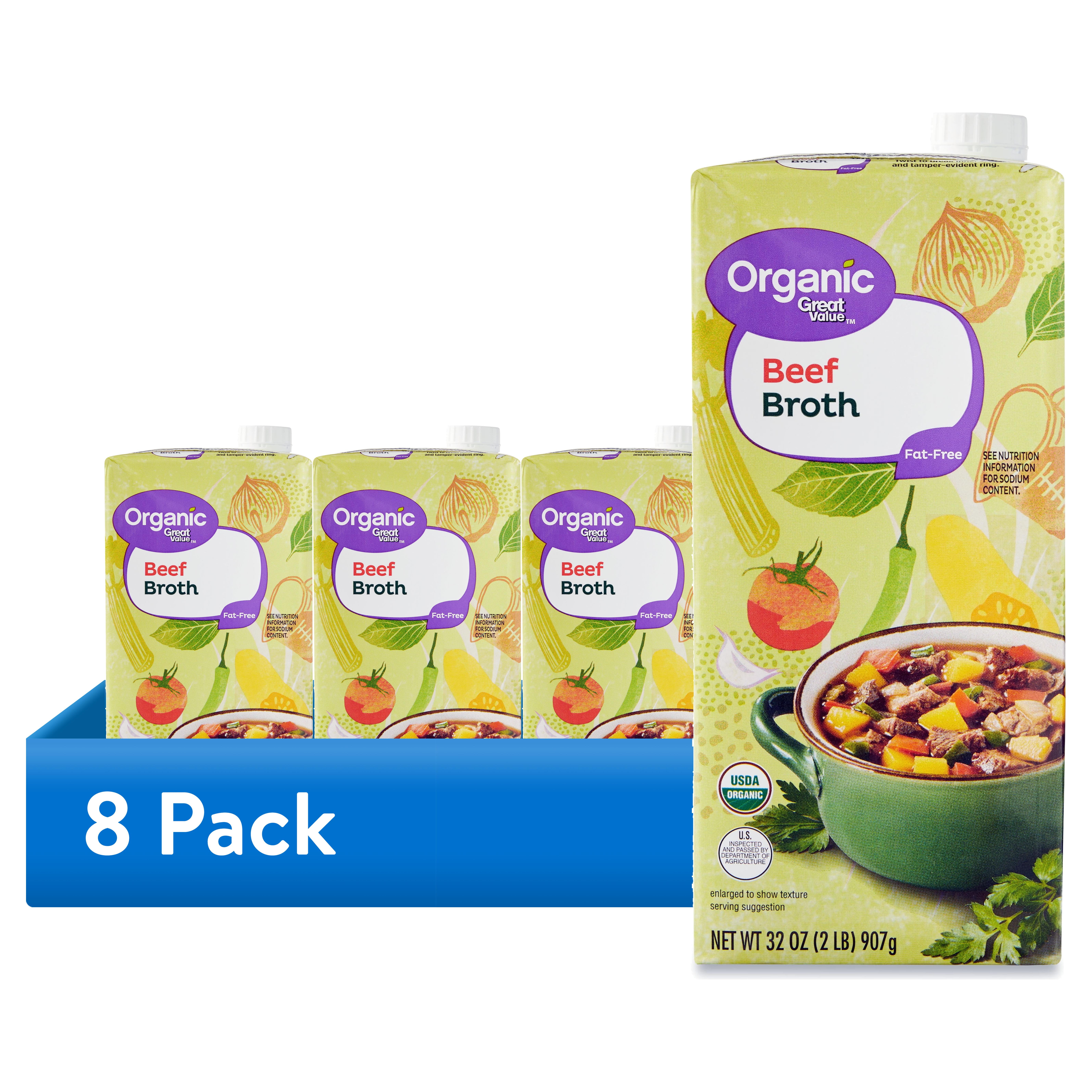 (8 pack) Great Value Organic Beef Broth, 32 oz Carton, Shelf-Stable ...