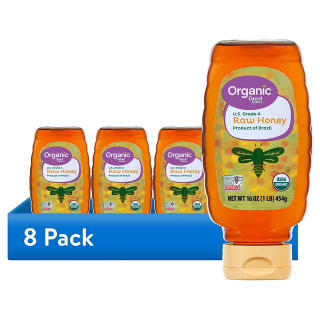 (8 pack) Great Value Organic Strained Raw Honey, 16 oz Inverted Plastic ...
