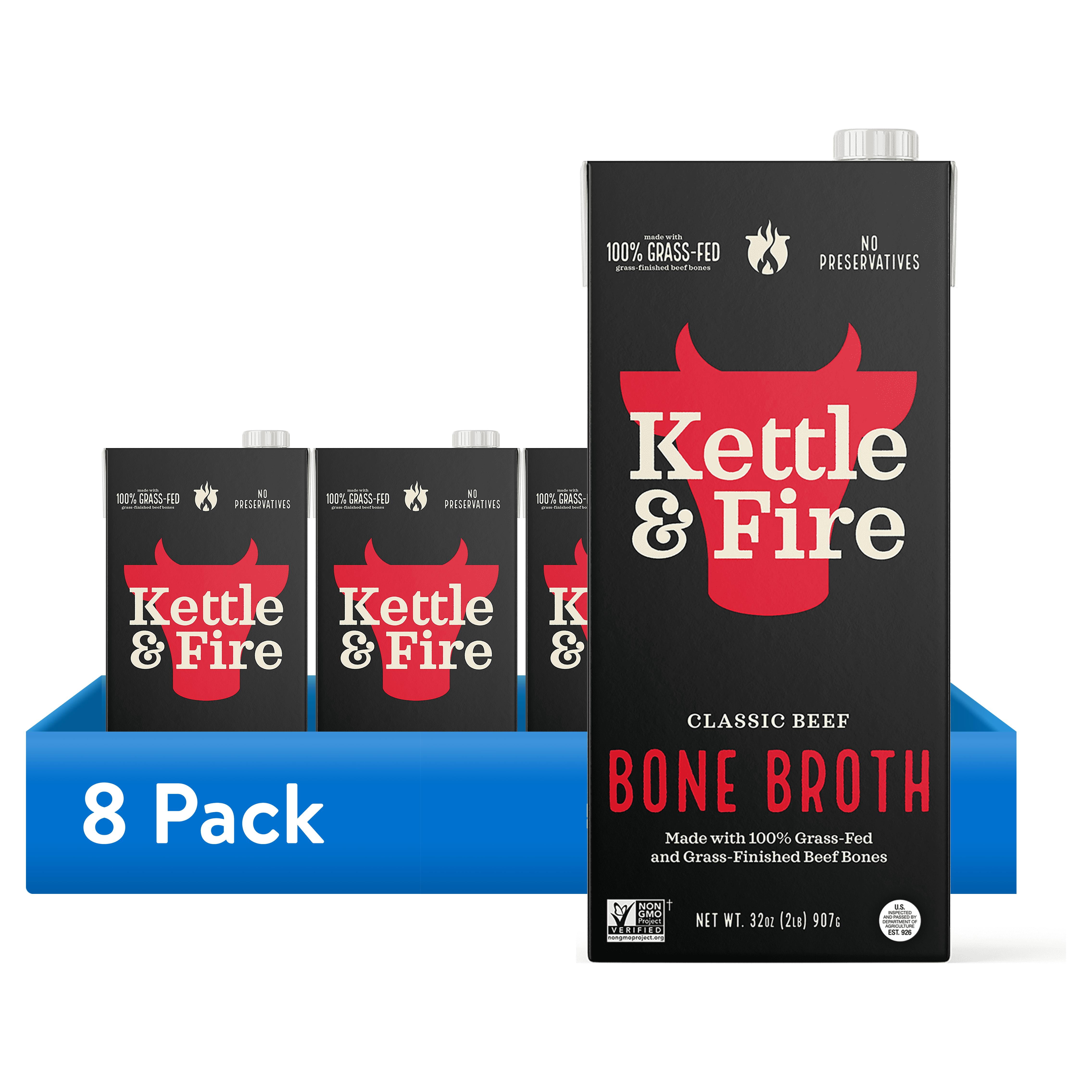 (8 pack) Kettle & Fire Classic Beef Bone Broth, Shelf-Stable, 32 oz ...