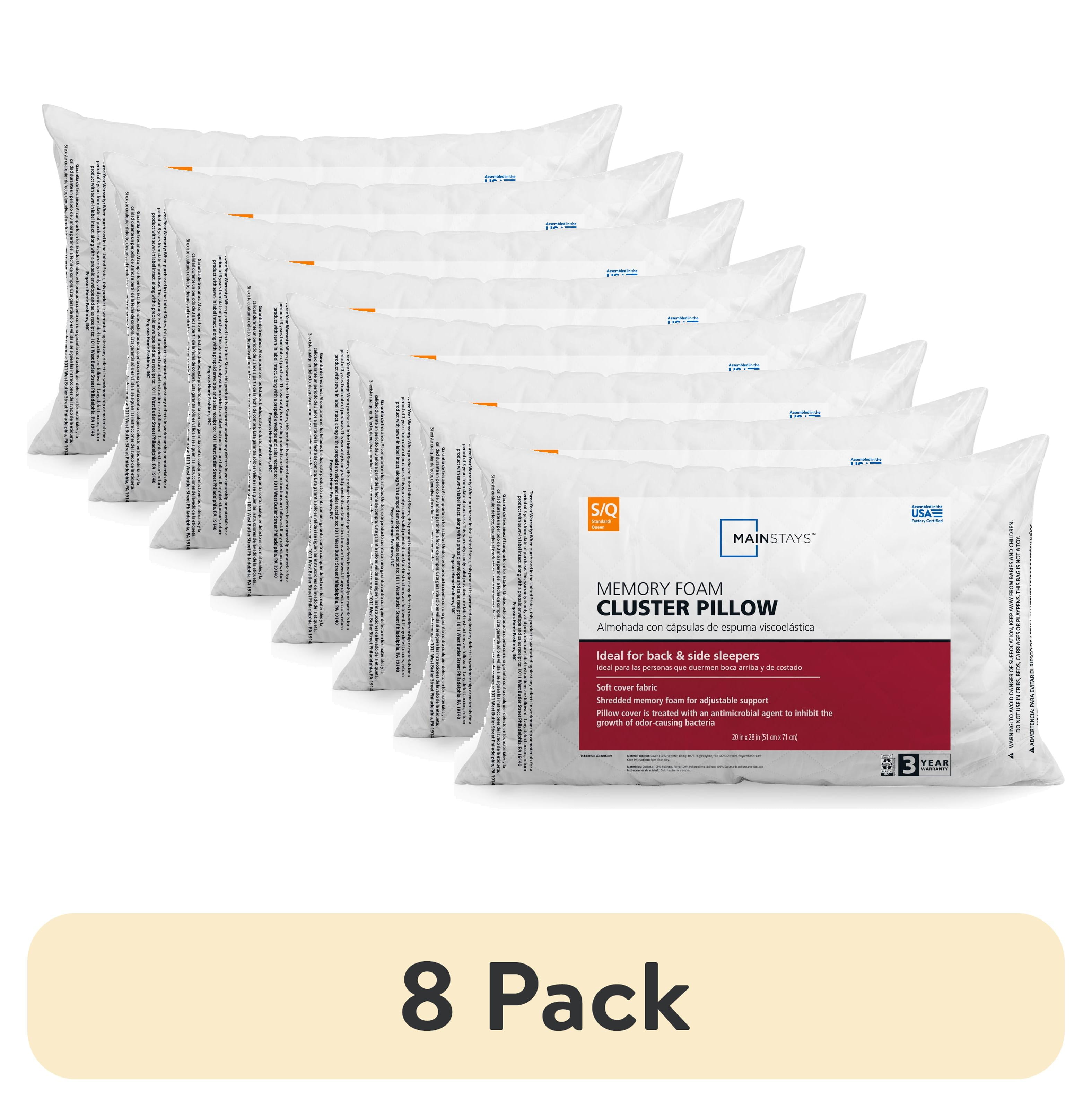 (8 pack) Mainstays™ Memory Foam Cluster Bed Pillow, Standard Queen ...