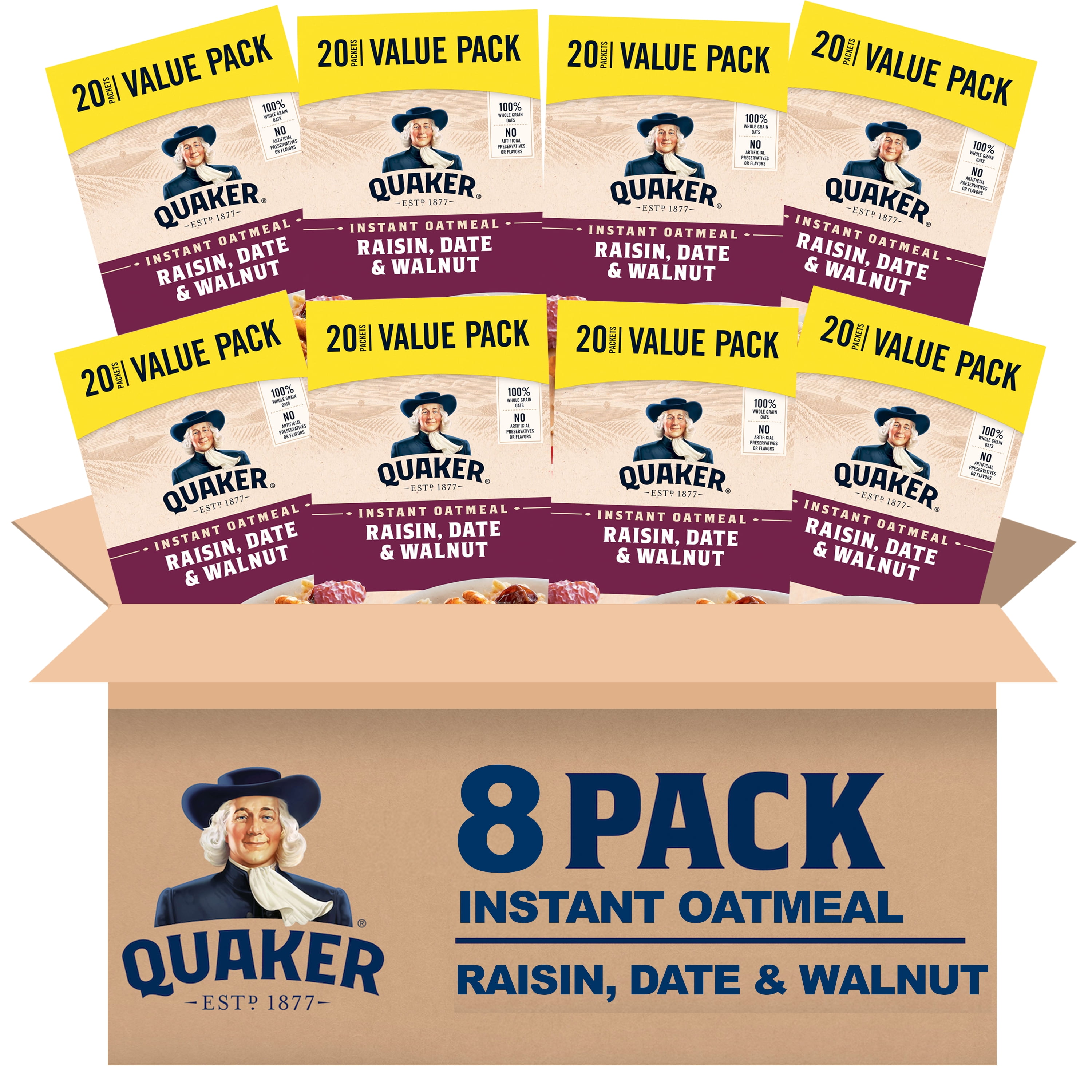 (8 pack) Quaker, Instant Oatmeal, Raisin, Date & Walnut, 1.30 oz, 20 ...
