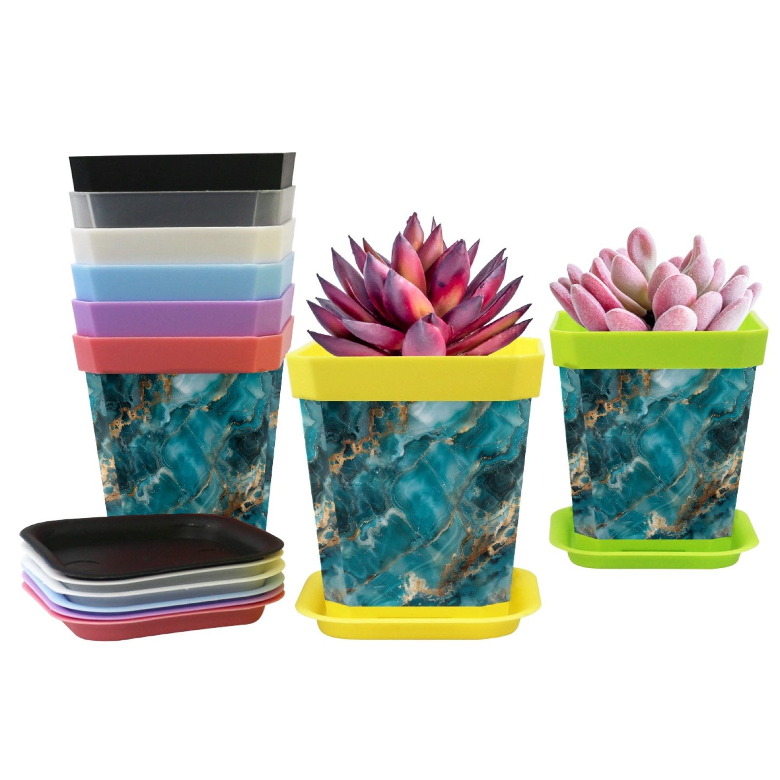 8-pack Teal Turquoise Marble Printed Plant Pots with Drainage Holes and ...