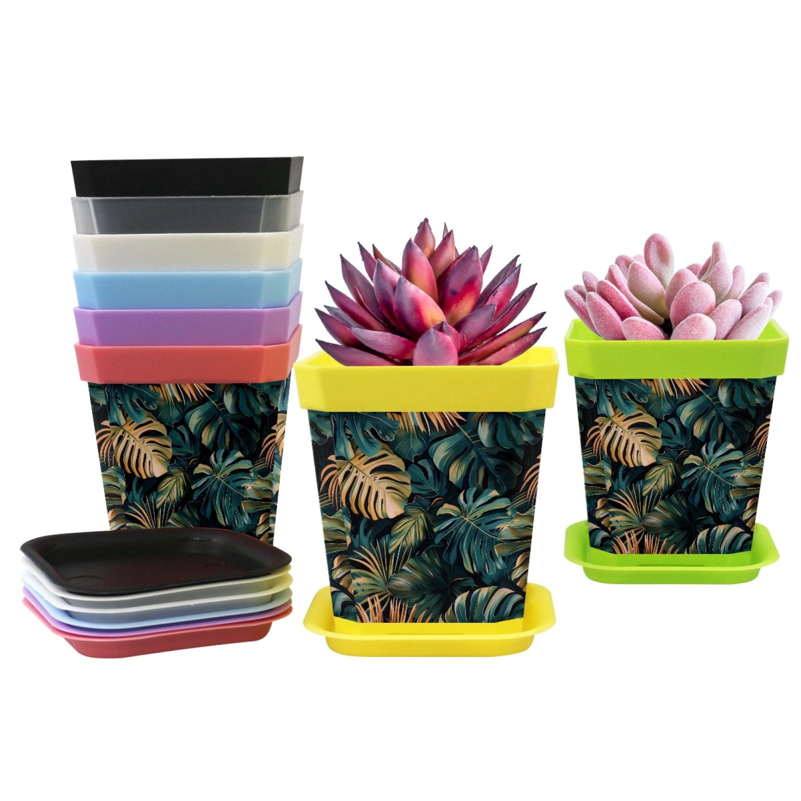8-pack Tropical Palm Printed Plant Pots with Drainage Holes and Base ...
