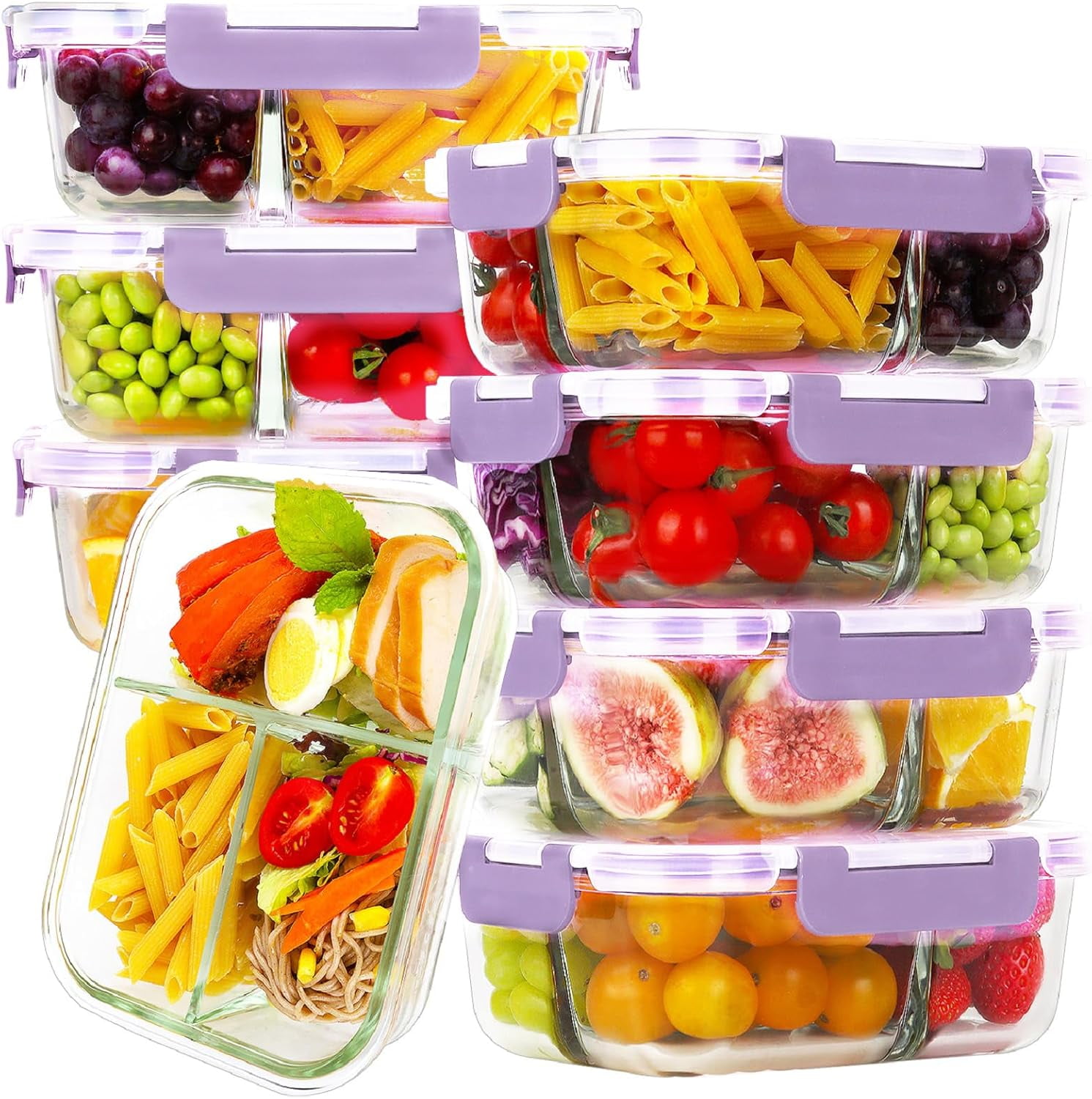 8 packs of 36 oz glass meal preparation container 3 compartments with ...