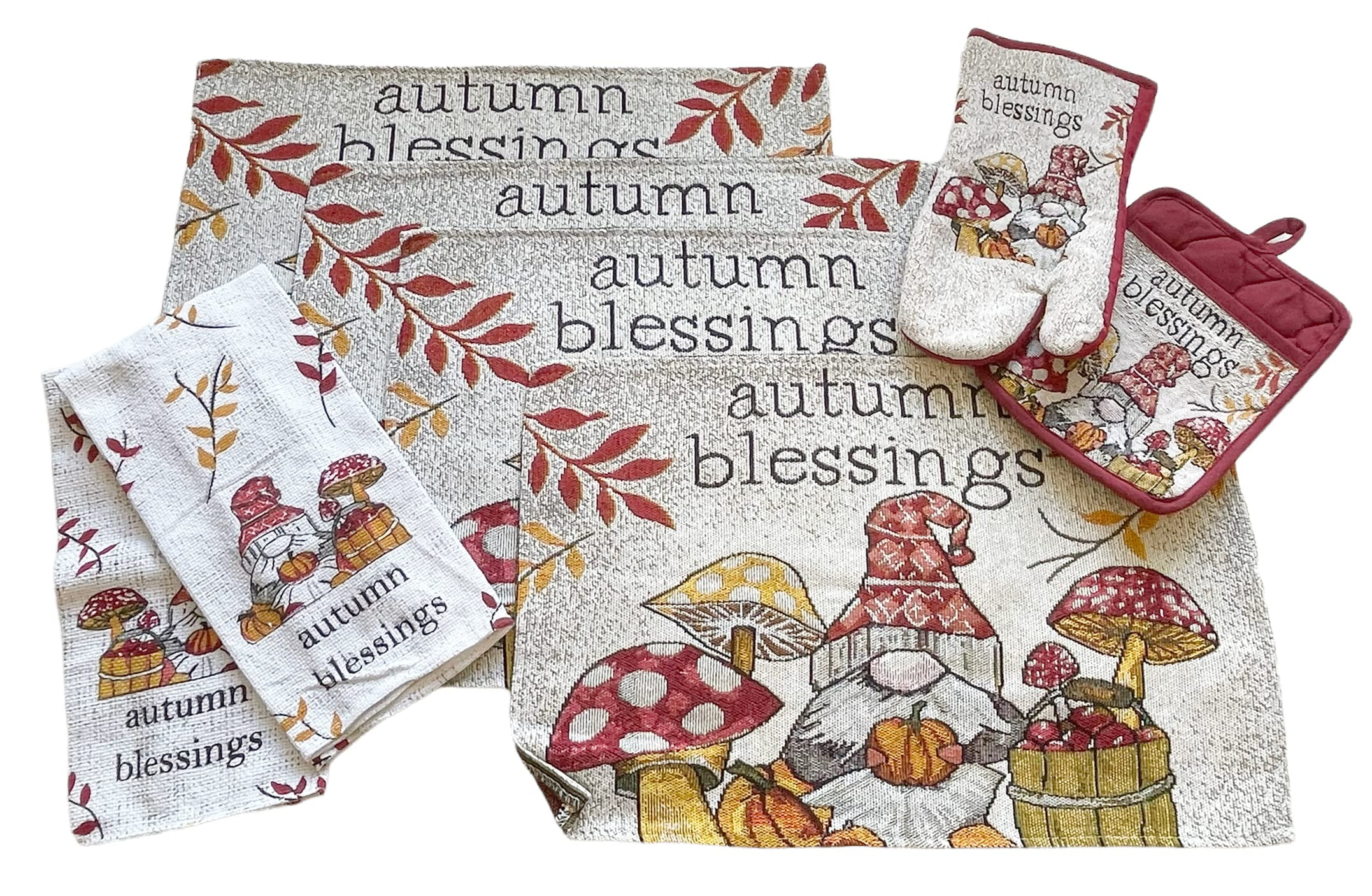 8 pc Gnome Placemats Set - Fall Gnome Kitchen Decor Set with Towels and ...