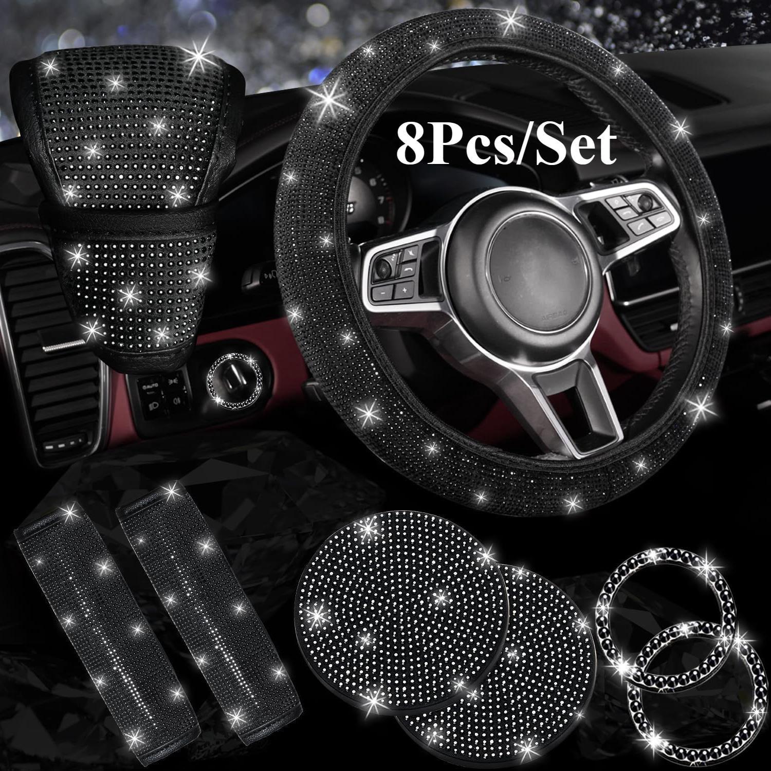 8 pcs Bling Car Accessories Set for Women, Steering Wheel Cover ...