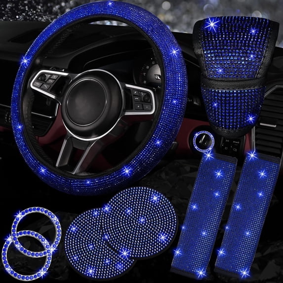 8 pcs Bling Car Accessories Set for Women, Steering Wheel Cover ...