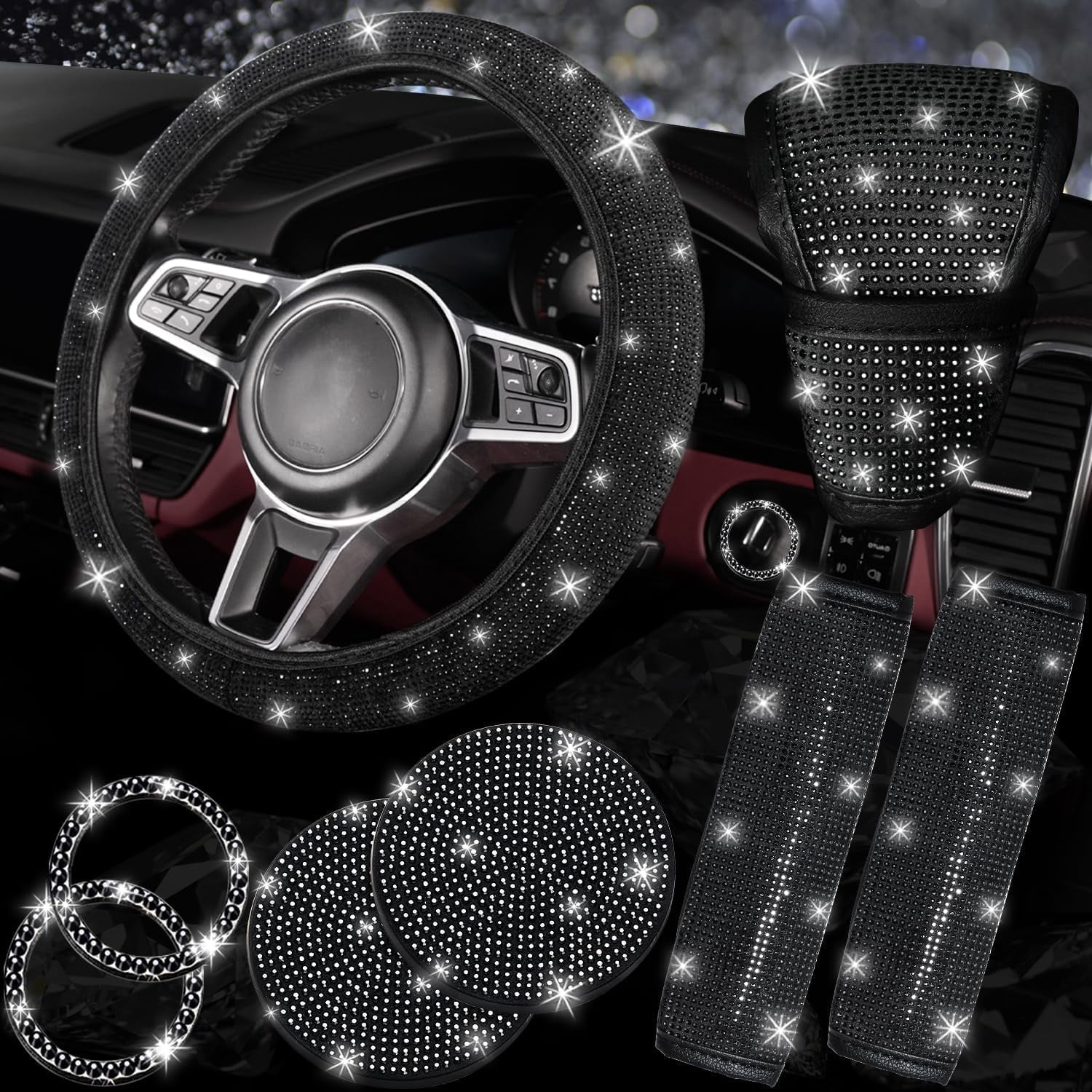 8 pcs Bling Car Accessories Set for Women, Steering Wheel Cover ...