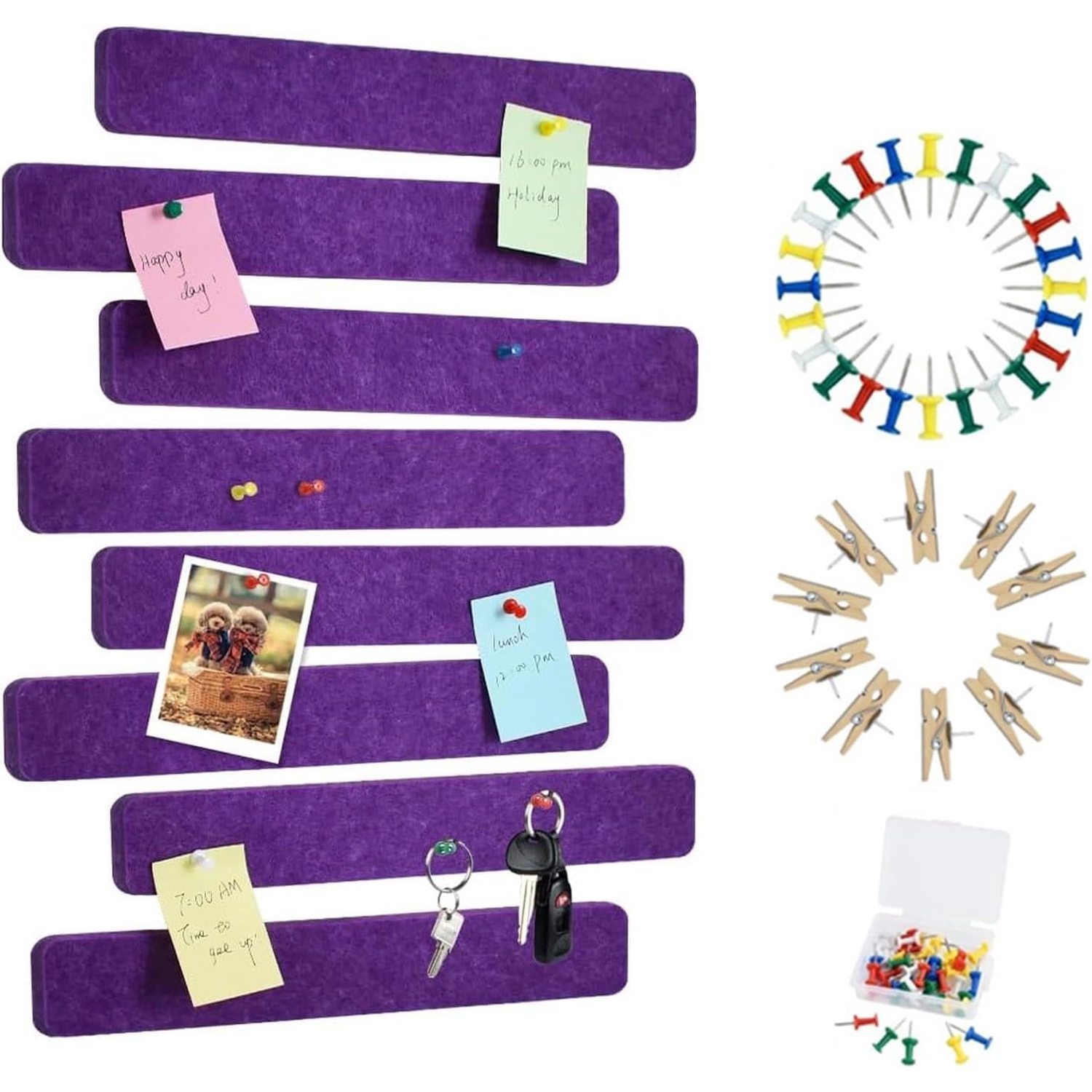 8 pcs Bulletin Board Bar Strips with 50 Pushpins & 10 Wooden Clip pins ...