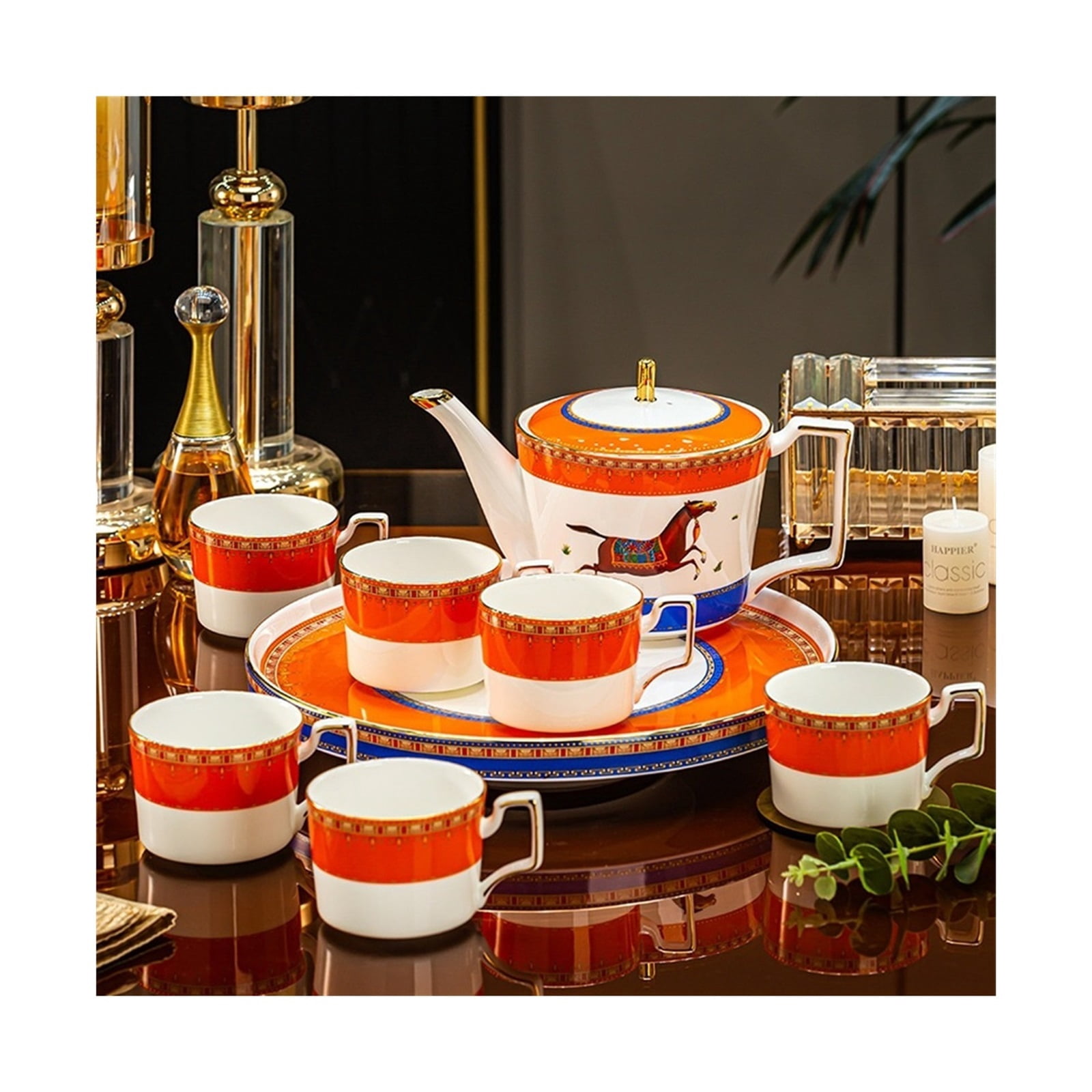 8-piece ceramic water set, one pot and six cups set, ceramic gold ...