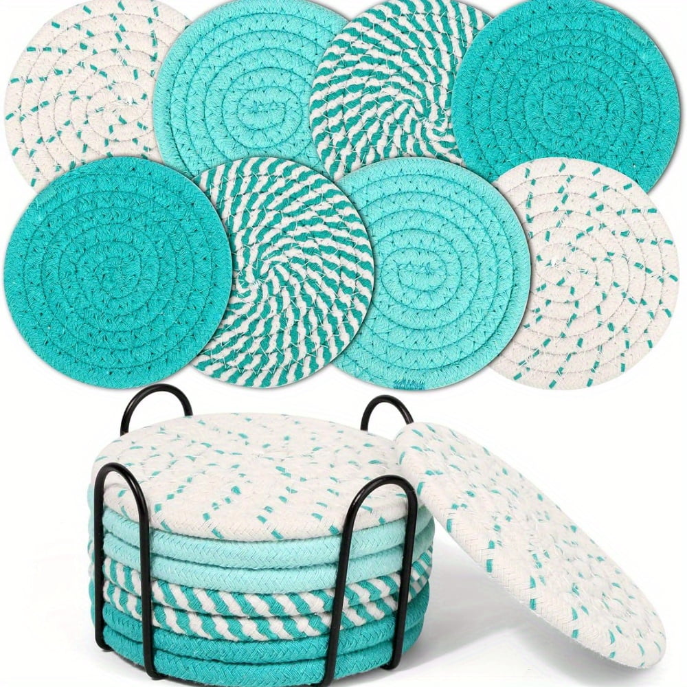 8-piece cotton woven coaster set with bracket, used for desktop ...