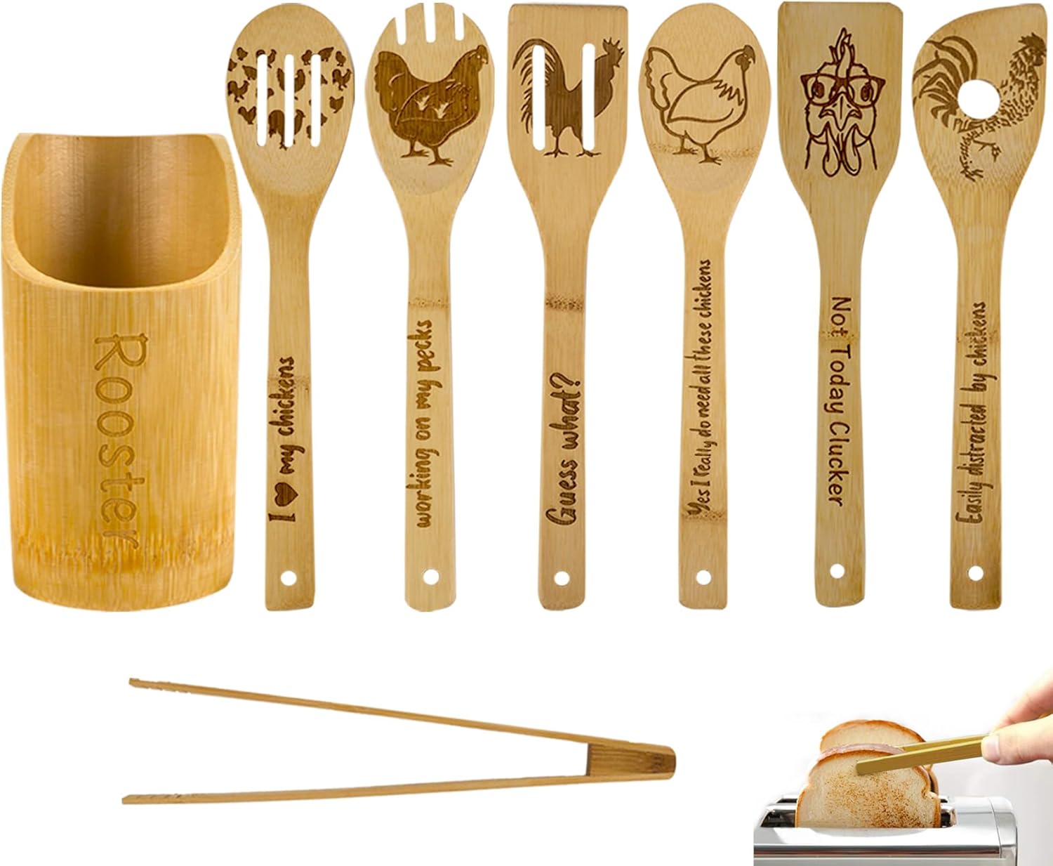 8-piece wooden cooking spoon set with spoon rack - rooster kitchen ...