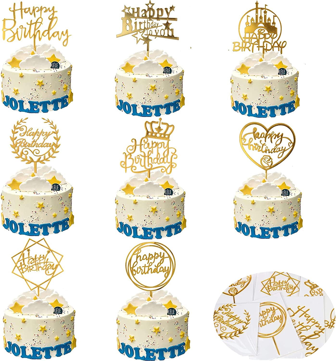 8 pieces of golden Happy Birthday cake topper, acrylic cake topper set ...