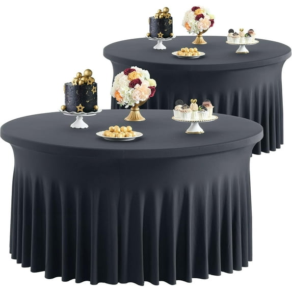 8 pk Black Spandex Round Tablecloths 60 inch with Ruffled Skirt Wrinkle ...