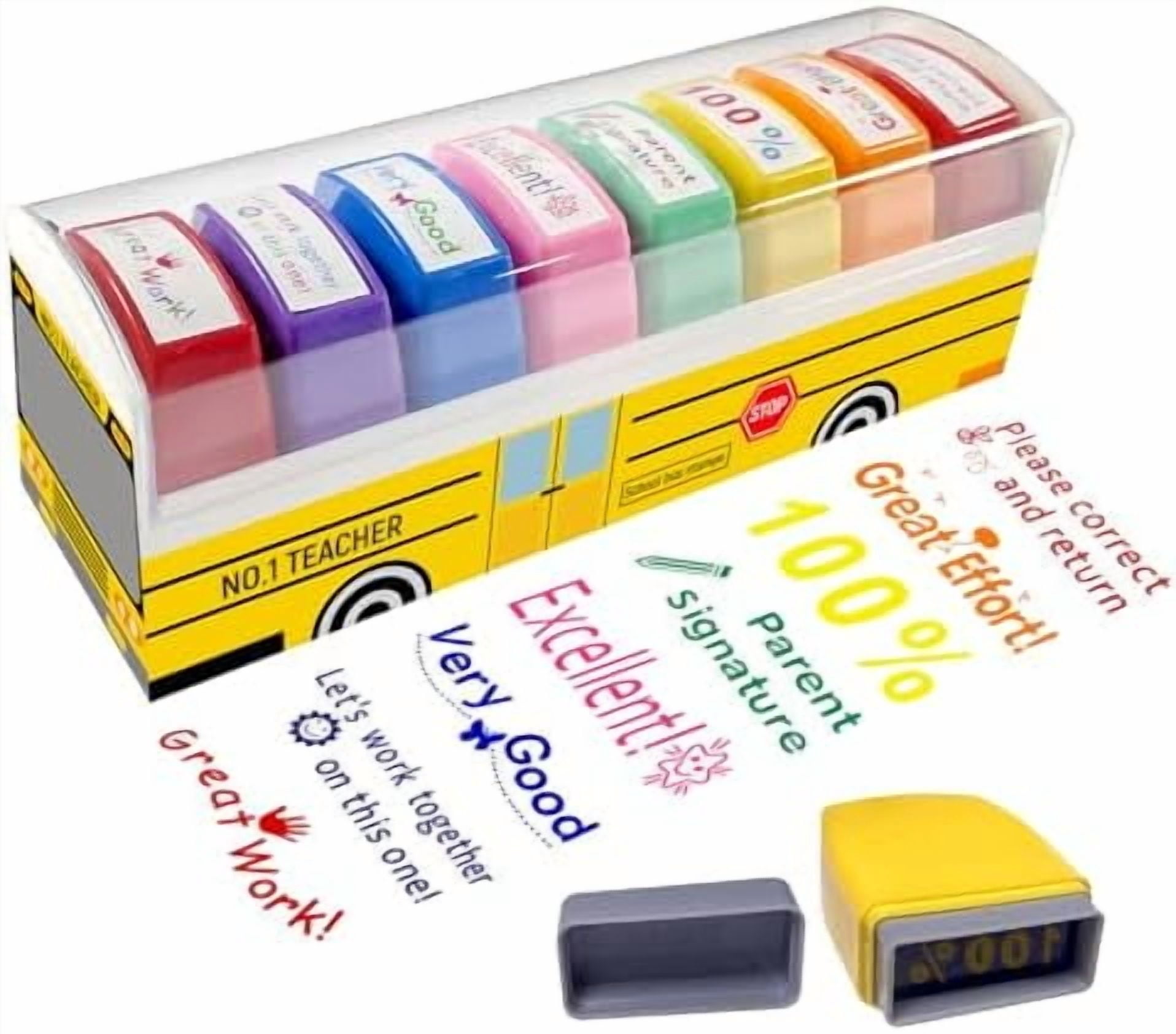 8 self-inking teacher grading stamps with school bus tray. Motivational ...