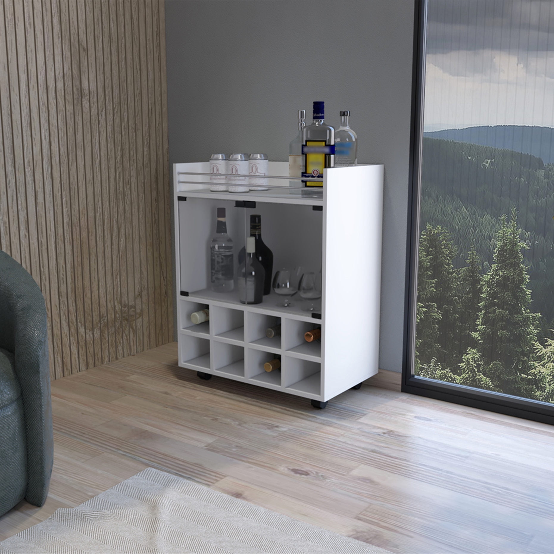 8-slot Bottle Rack & Double Glass Door Cabinet / Mobile Bar Cart for ...