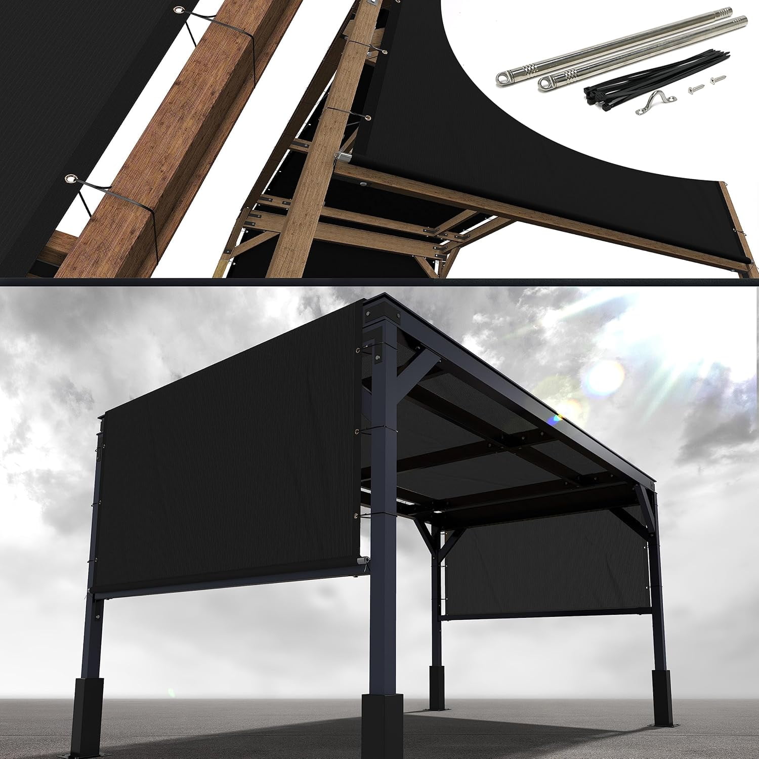 **8' w x 12' l black pergola sun shade canopy replacement cover with ...