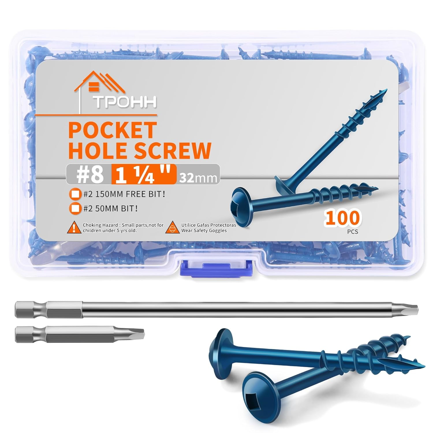 #8 x 1-1/4" Blue Coated, Hardened Steel Pocket Hole Screws, No.8 x 1-1/ ...