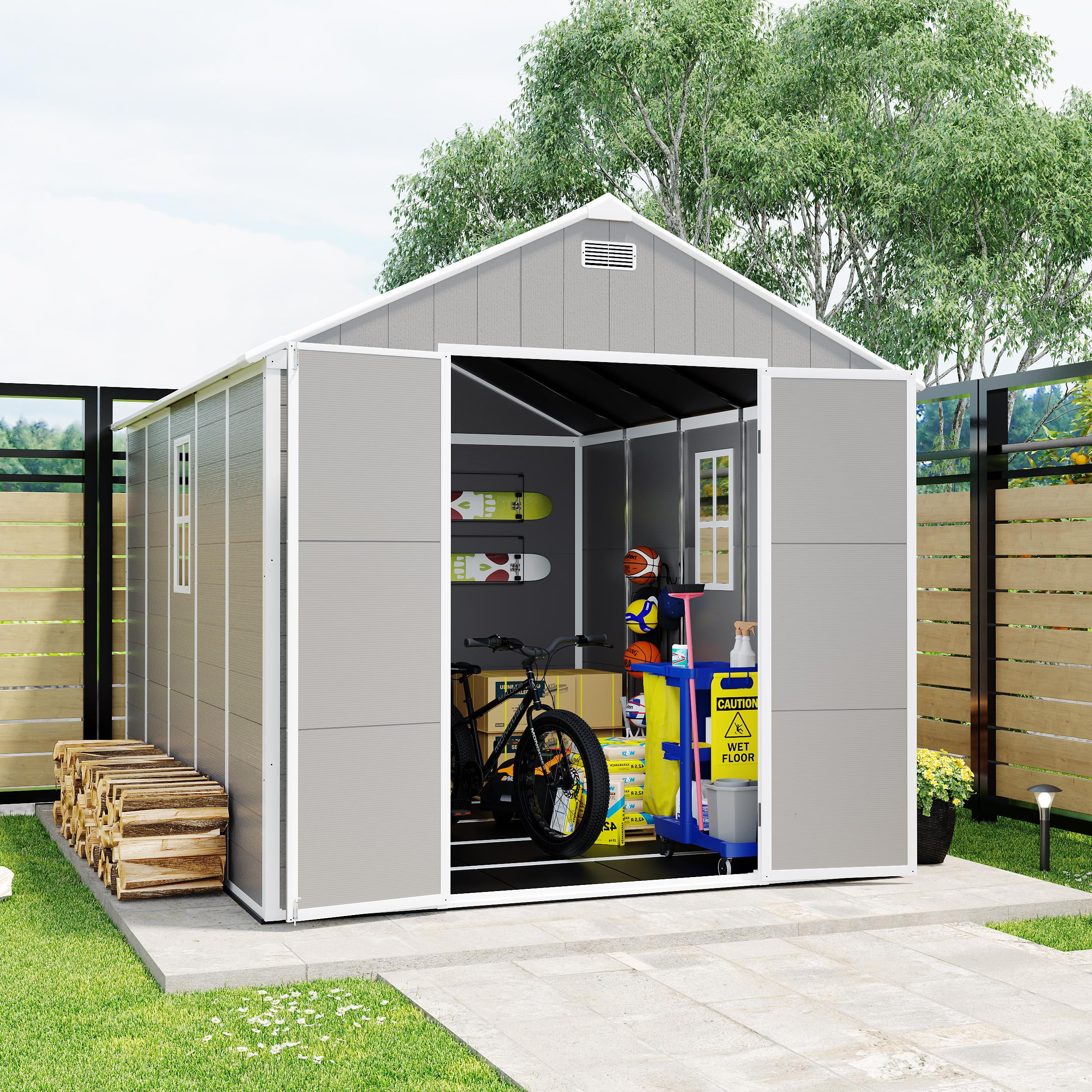 8' x 10' Outdoor Storage Shed with Lockable Doors & Resin Base, Plastic ...