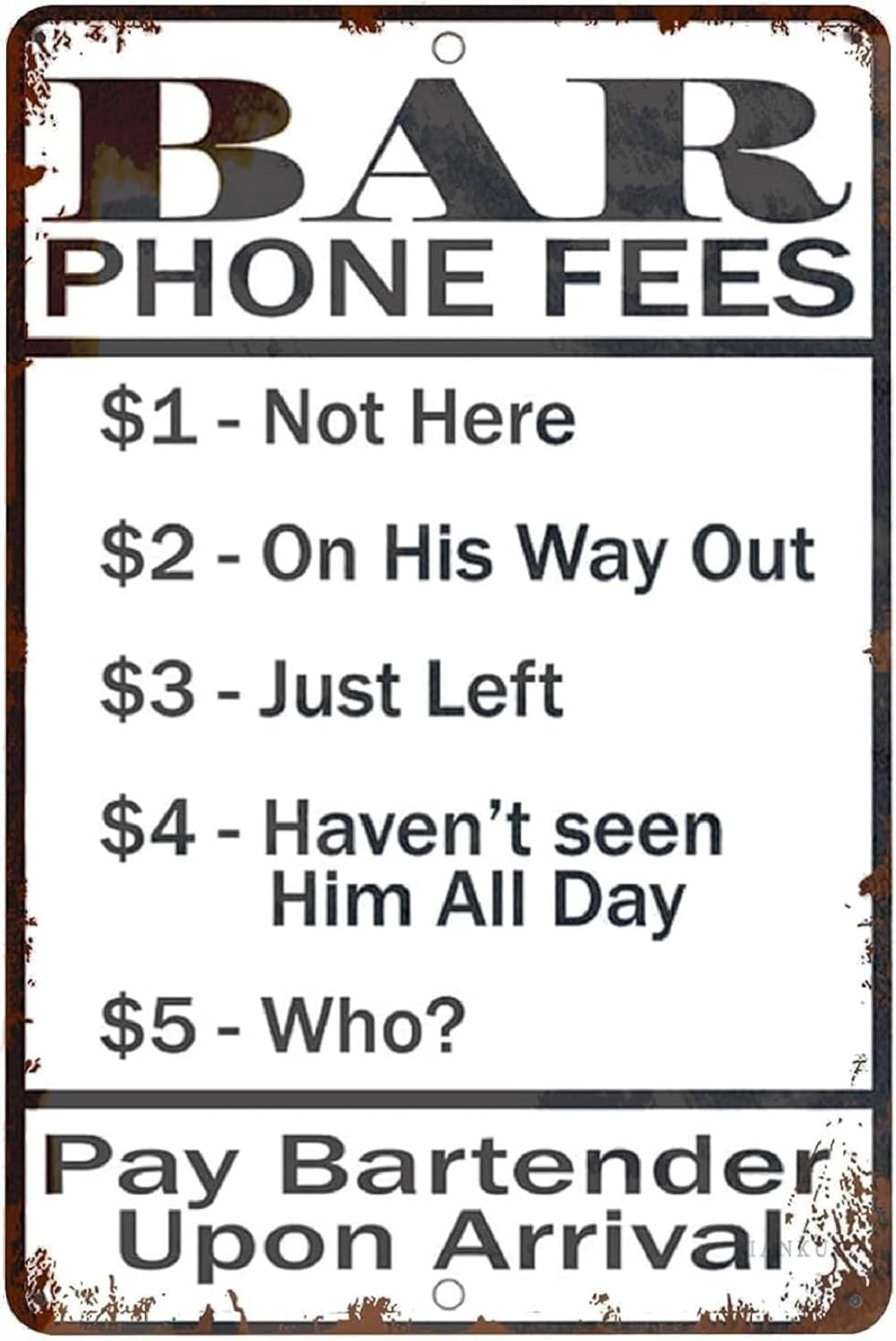 8 x 12 in Metal Tin Sign - Tin Signs Bar Bar Phone Fees Vintage Metal ...