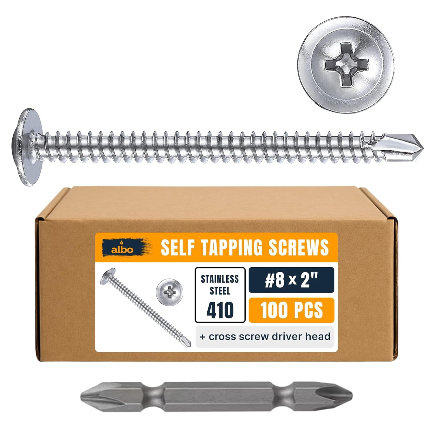 #8 x 2 inch Self Tapping Screws for Metal, 100 PCS, 410 Stainless Truss ...