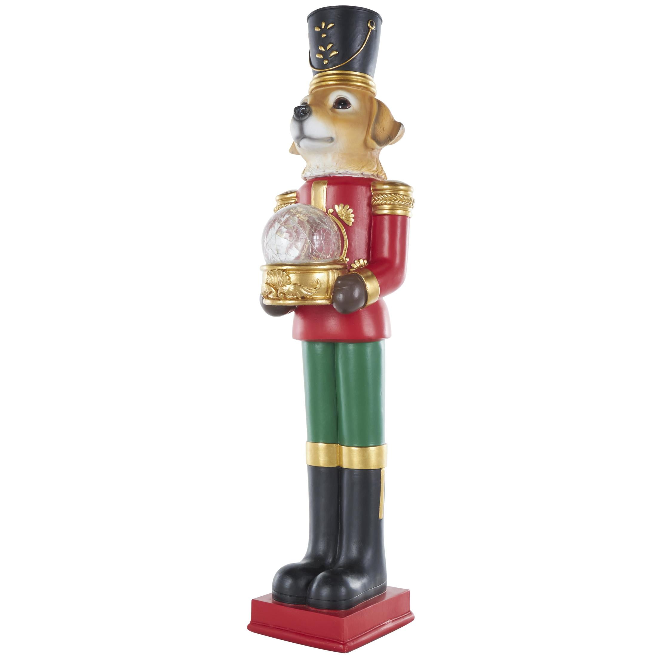 8" x 32" Red Fiberglass Tall Soldier Nutcracker Dog Christmas Sculpture with LED Light Snow ...