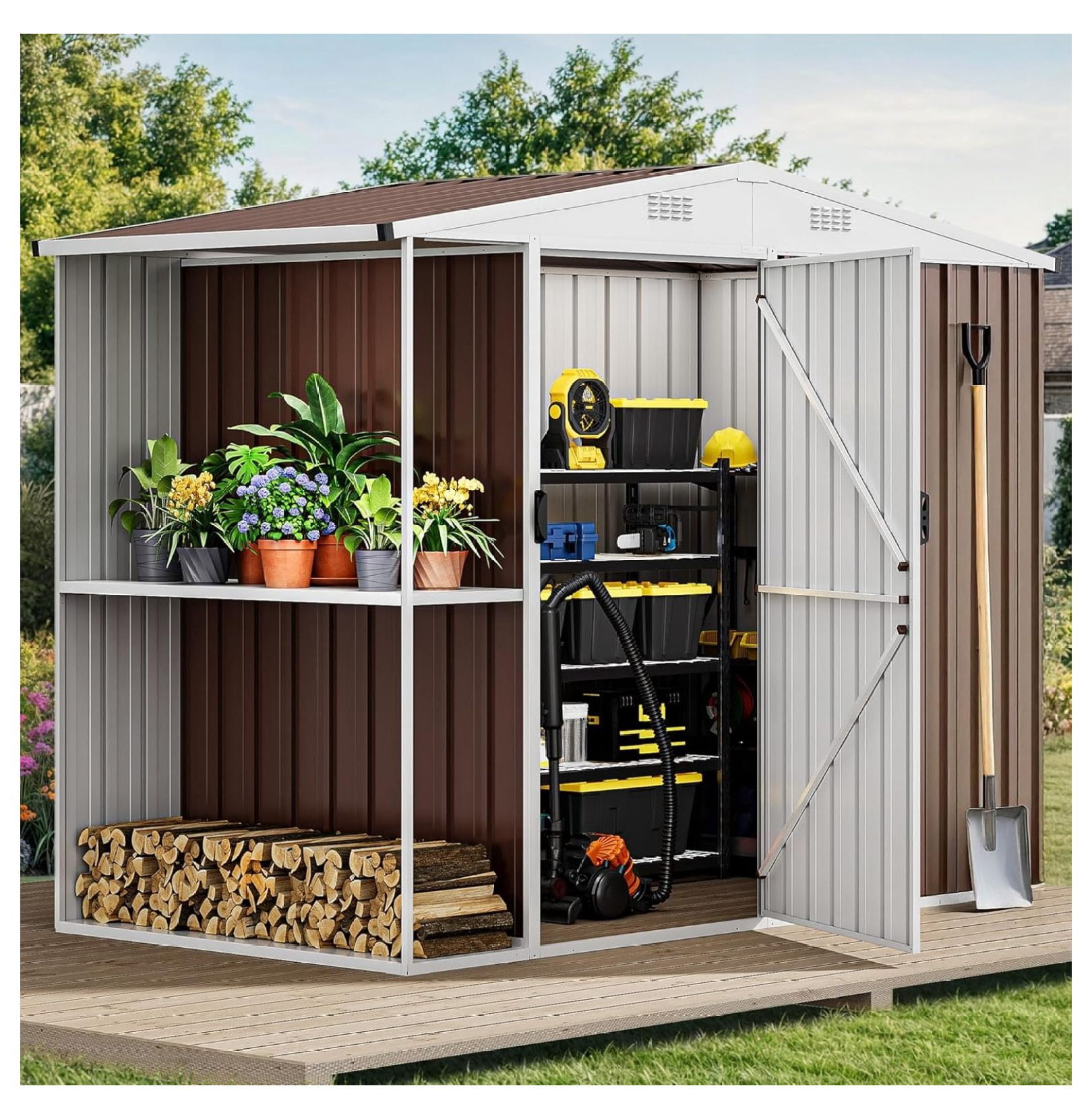 8 x 4 ft Outdoor Storage Shed with 2-Tier Shelf, Metal Tool Shed ...