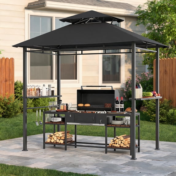 8' x 5' Grill Gazebo with 2 Side Tabletop, Double-Tier BBQ Gazebo BBQ ...
