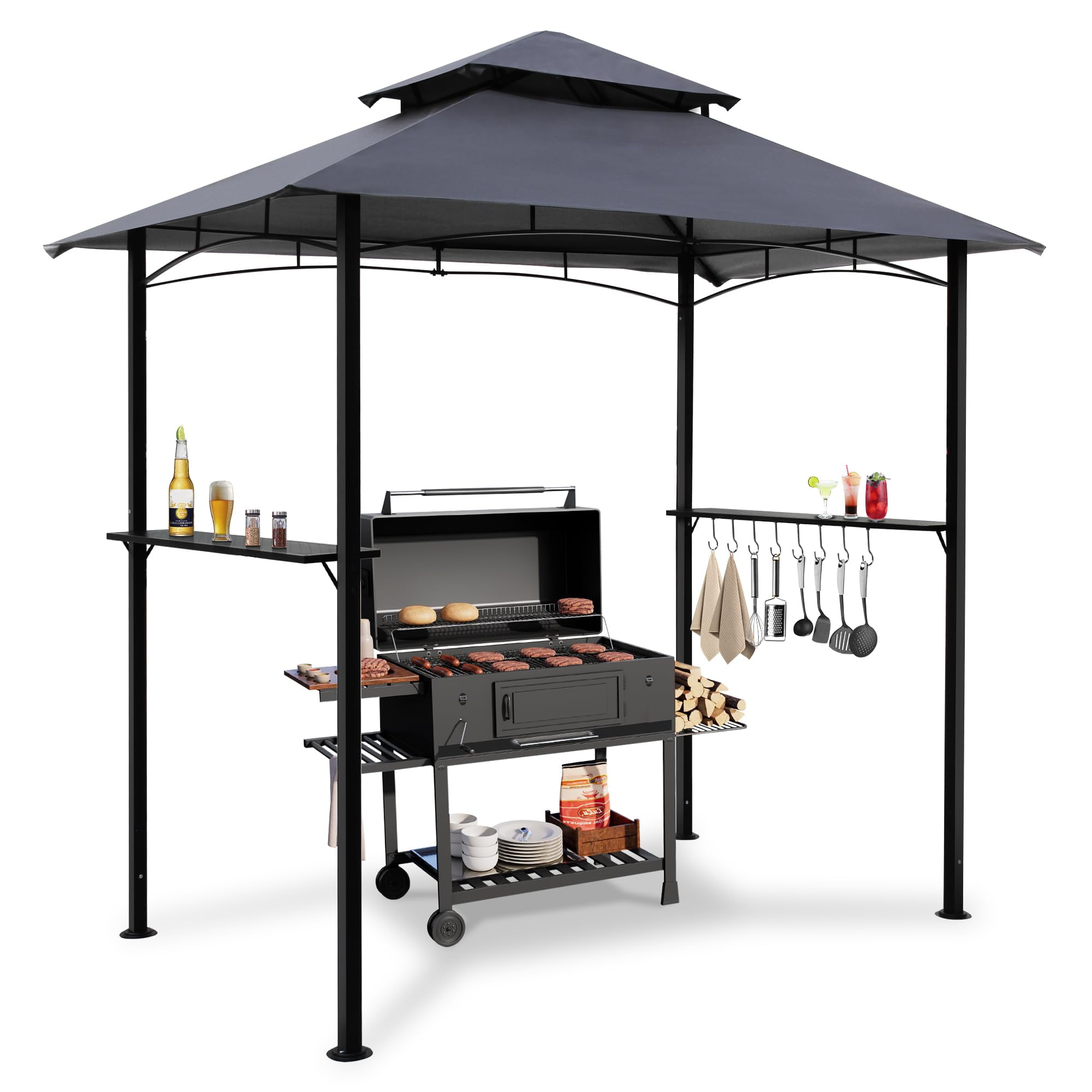 8'x 5' Grill Gazebo Canopy, Outdoor BBQ Gazebo with Led Light, Barbeque Gazebo Shelter for Patio ...