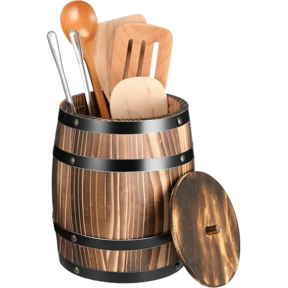 8" x 6.5" Wine Barrel Design Kitchen Utensil Crock with lid Large Wood ...