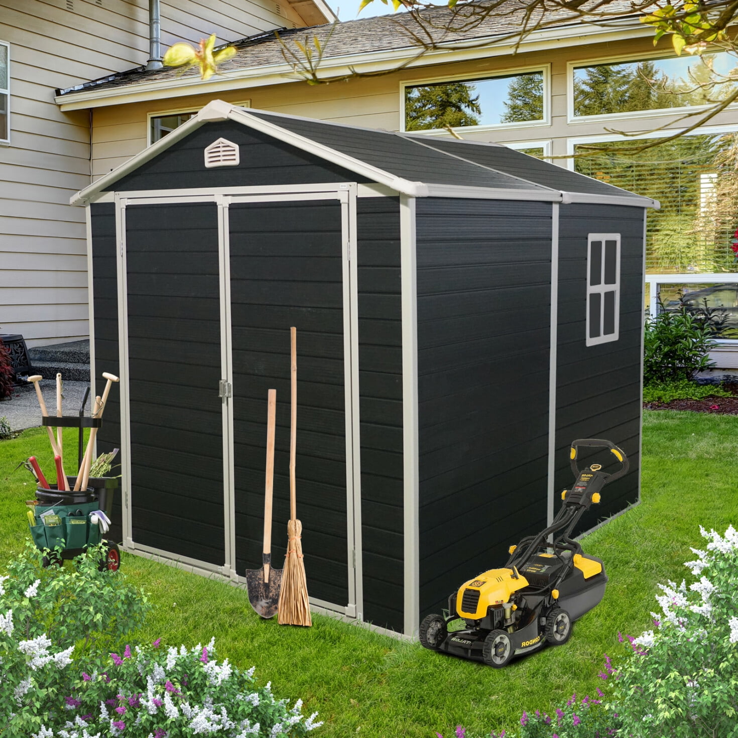8 x 6 FT Resin Outdoor Storage Shed with Windows and Lockable Double ...