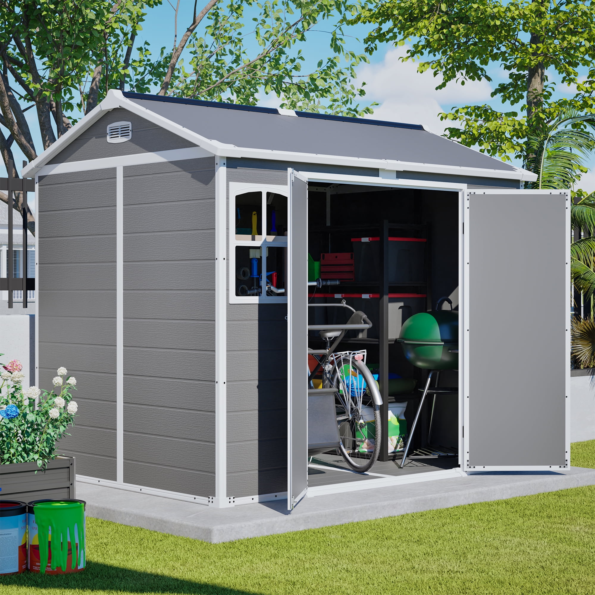 8 x 6 Ft Outdoor Plastic Storage Shed with Floor, Waterproof Sheds Kit ...