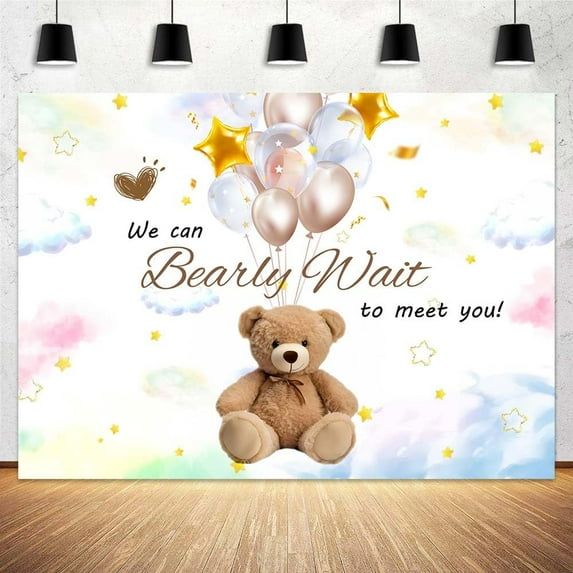 8 x 6 ft Blue We Can Bearly Wait Backdrop Boho Cute Bear Baby Shower ...