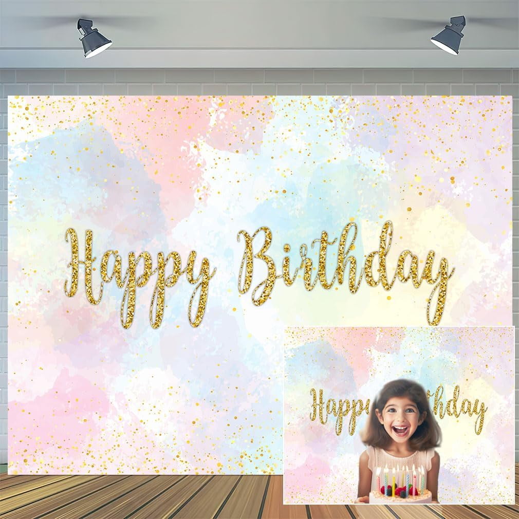 8 x 6 ft Happy Birthday Backdrop Rainbow Cloud Glod Birthday Backdrop ...