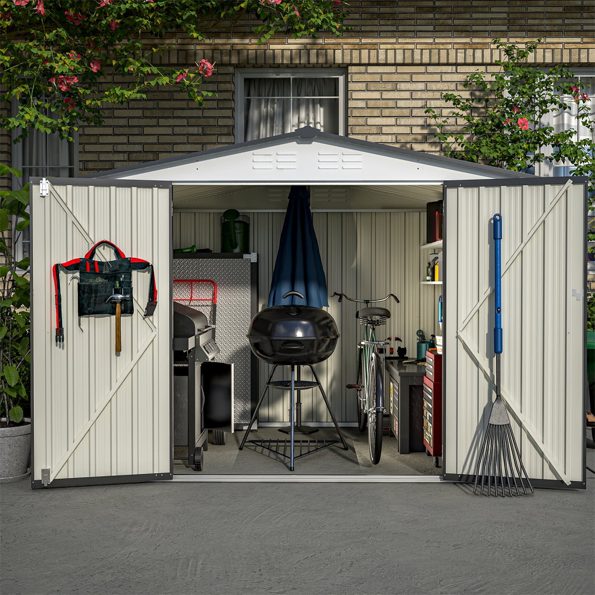 8 x 6 ft Outdoor Multi-functional Storage Shed, All Weather Tool Shed ...