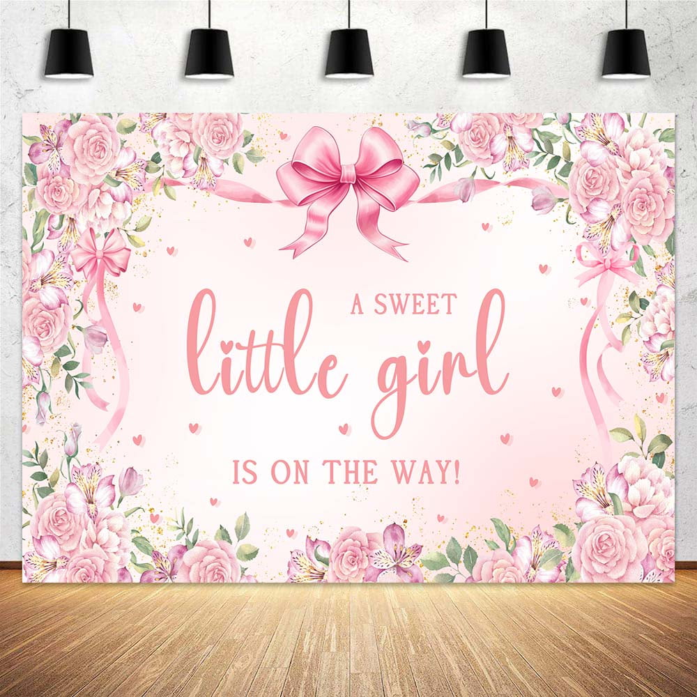 8 x 6 ft Pink Bow Girls Baby Shower Backdrop A Sweet Little Girl is on ...