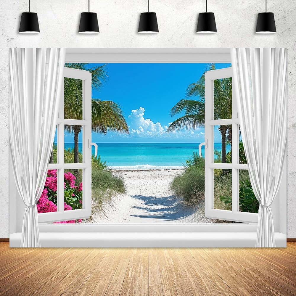 8 x 6 ft Summer Tropical Hawaii Backdrop Palm Tree Beach Window ...