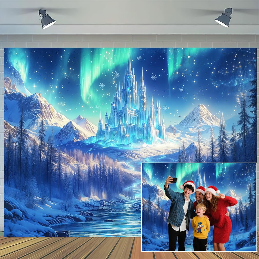8 x 6 ft Winter Borealis Backdrop Christmas Snowy Mountains Scenery Enchanted Forest Ice Castle ...