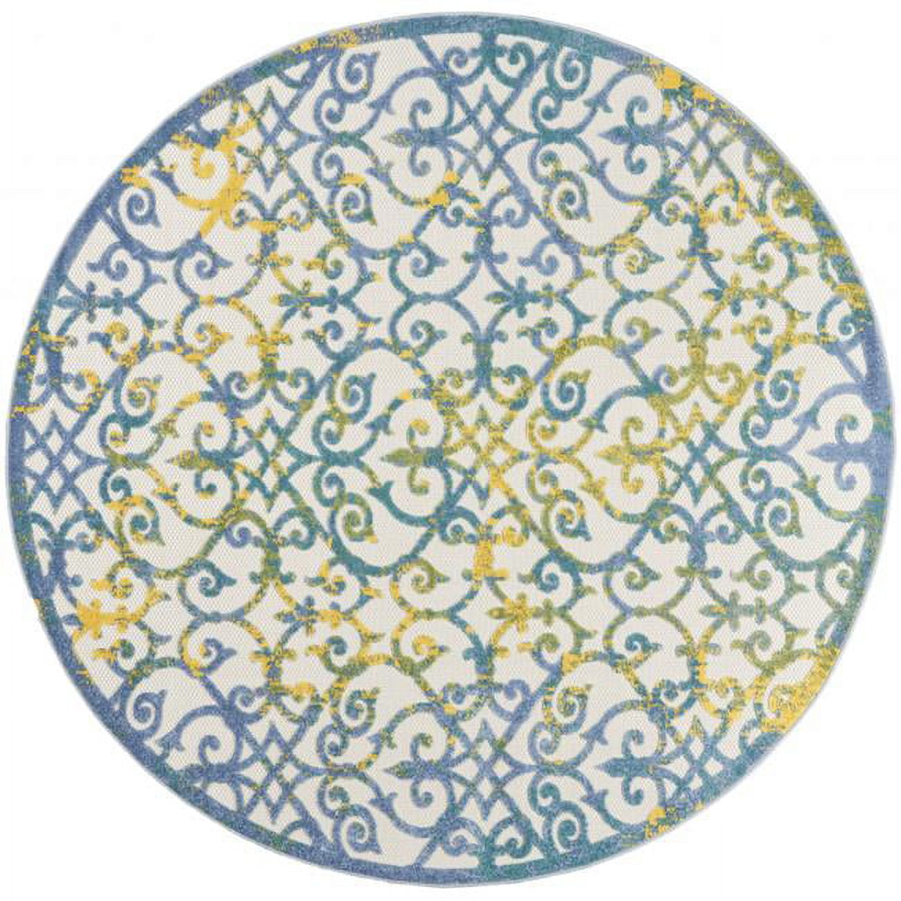 8 x 8 ft. Ivory & Blue Damask Non Skid Indoor & Outdoor Round Area Rug ...