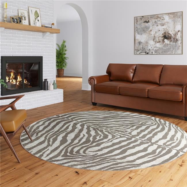 8 x 8 ft. Mocha & Cream Round Zebra Print Shag Handmade Non Skid Area ...