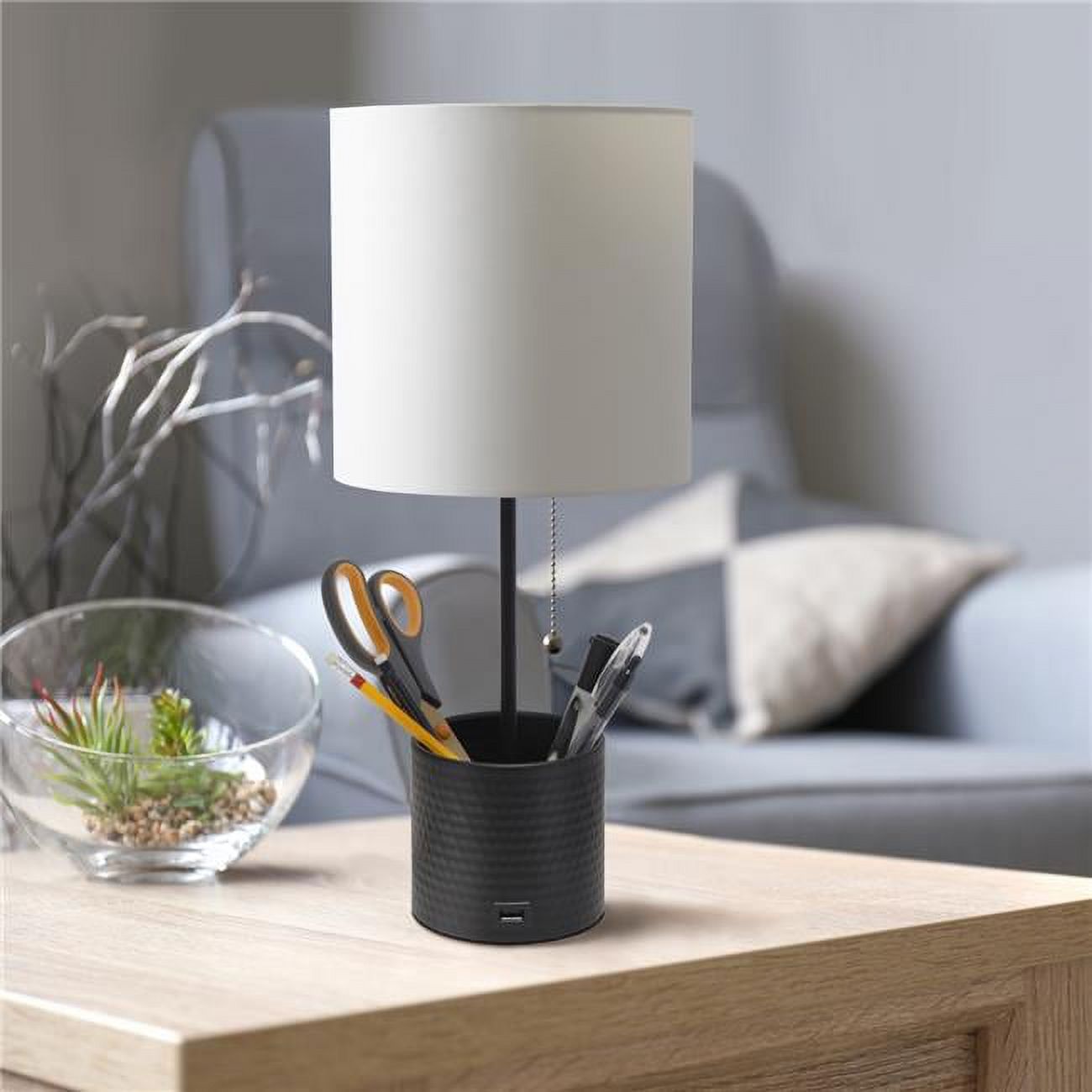 8 x 8 x 18.5 in. Hammered Metal Organizer Table Lamp with USB charging ...